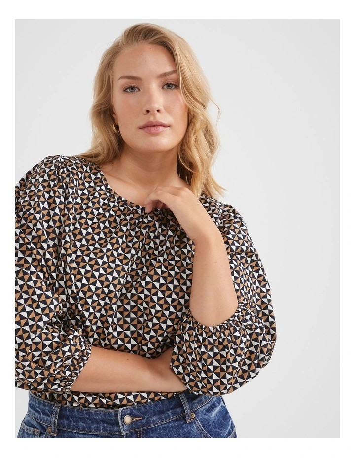 Commonry The Cotton Poplin Gathered Top in Geo Print | MYER