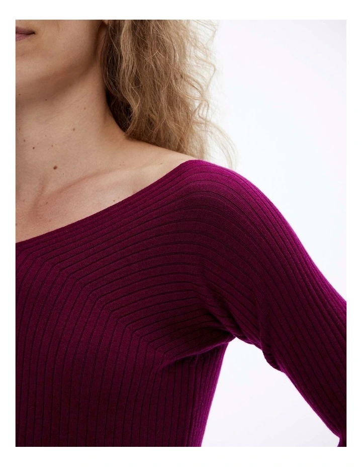 Witchery Rib Wide V Neck Knit in Deep Magenta | MYER