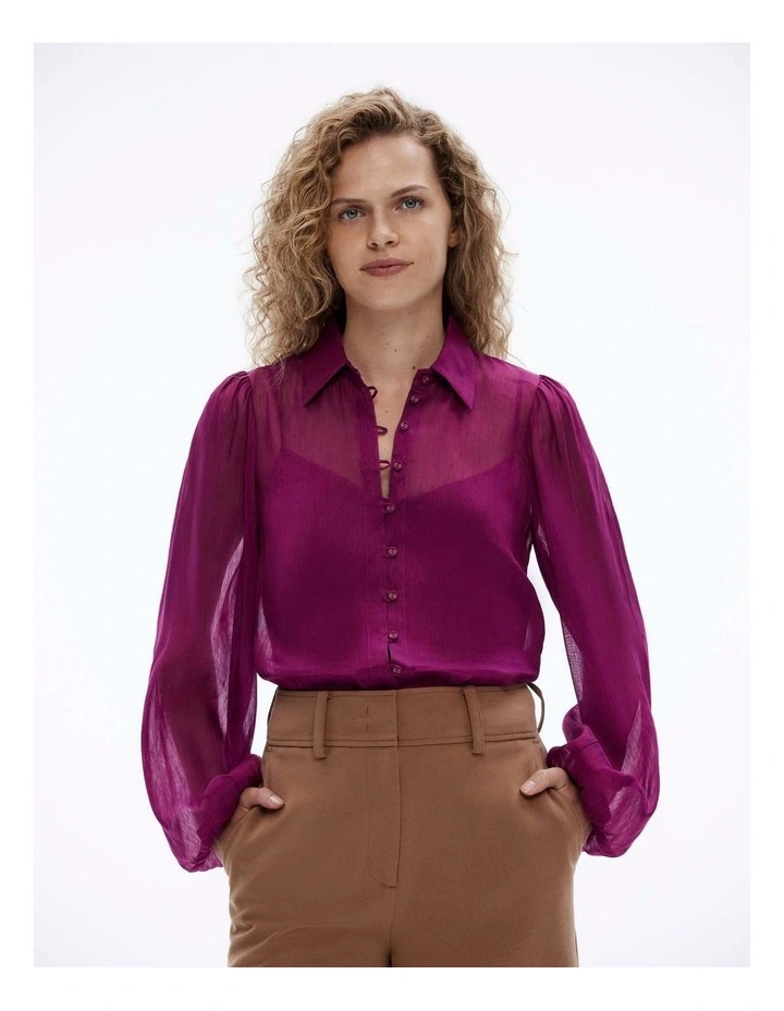 Witchery Silk Linen Blouse in Deep Magenta | MYER