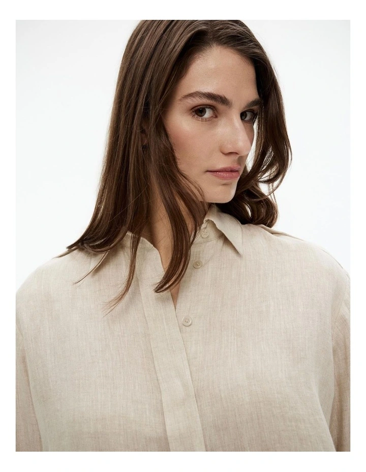 Witchery French Linen Yarn Dye Cropped Shirt in Flax | MYER