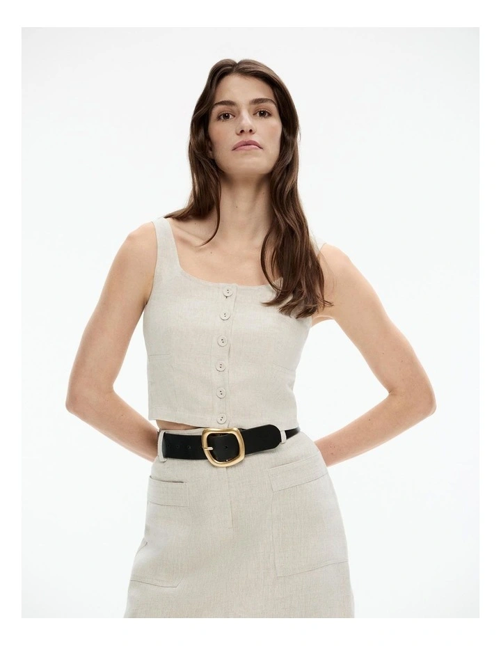Witchery French Linen Cropped Button Bodice Top in Flax | MYER
