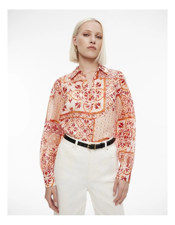 Witchery Silk Linen Tile Print Blouse in Light Red | MYER