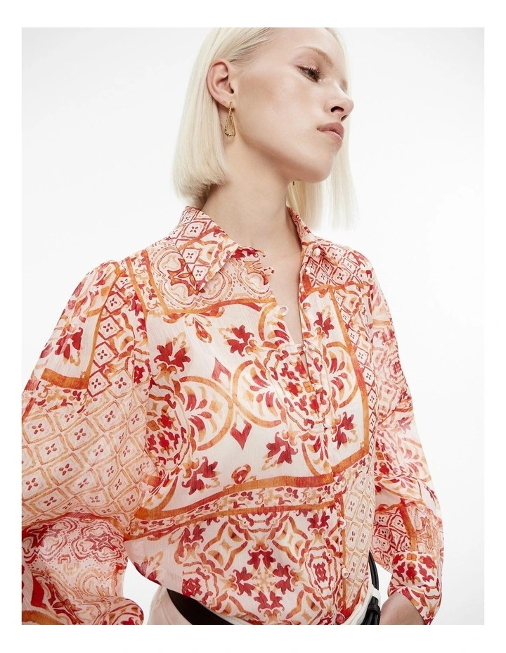 Witchery Silk Linen Tile Print Blouse in Light Red | MYER