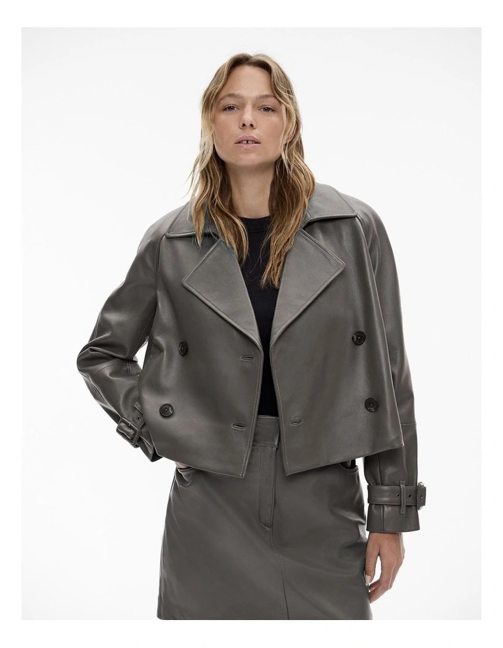 Witchery Leather Trench Jacket in Mid Grey | MYER