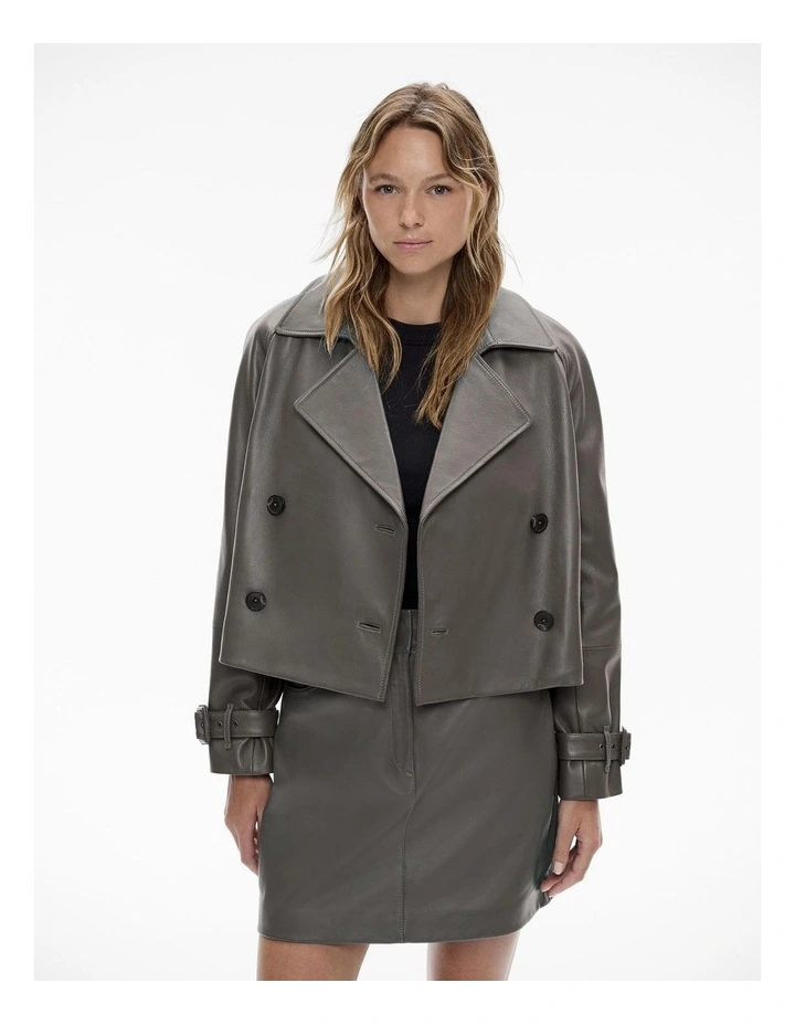 Witchery Leather Trench Jacket in Mid Grey | MYER
