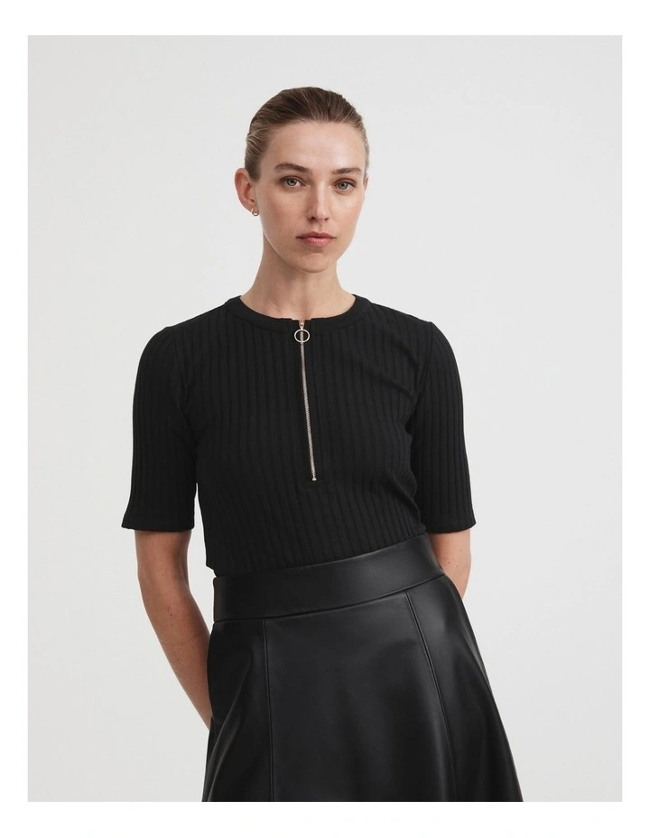 Witchery Cotton Rib Zip Front Top in Black | MYER