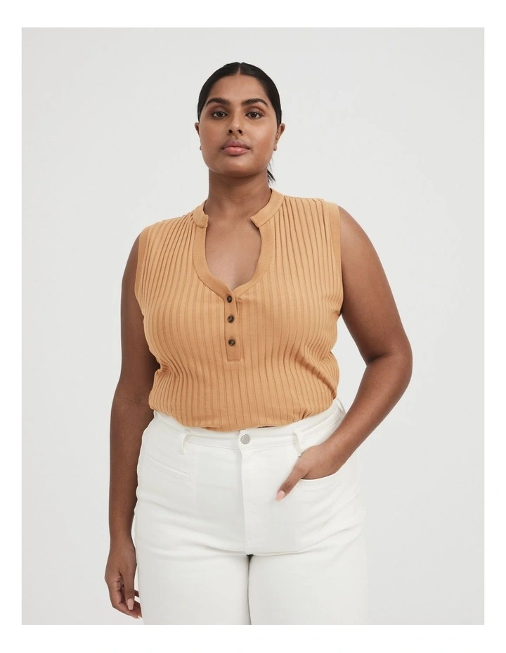 Witchery Cotton V Neck Henley Tank in Acorn | MYER