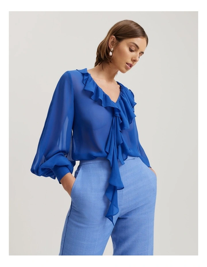 Country Road Silk Ruffle Dinner Blouse in Sapphire | MYER