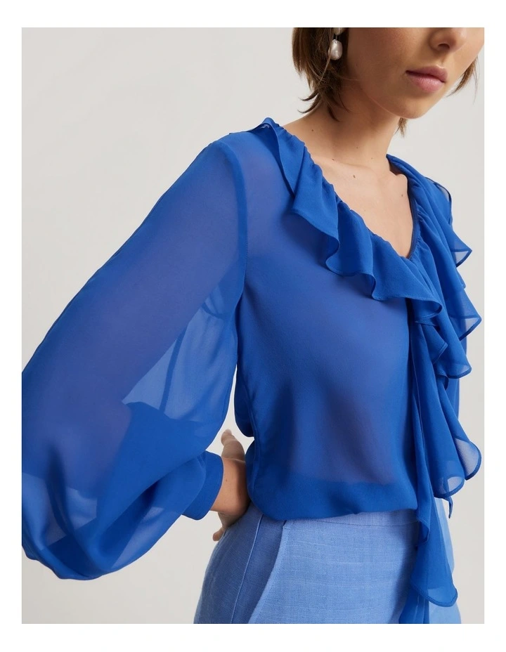 Country Road Silk Ruffle Dinner Blouse in Sapphire | MYER