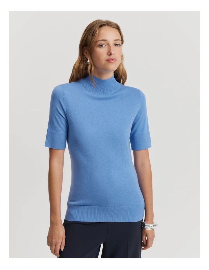 Country Road Merino Wool Silk Short Sleeve Knit in French Blue | MYER
