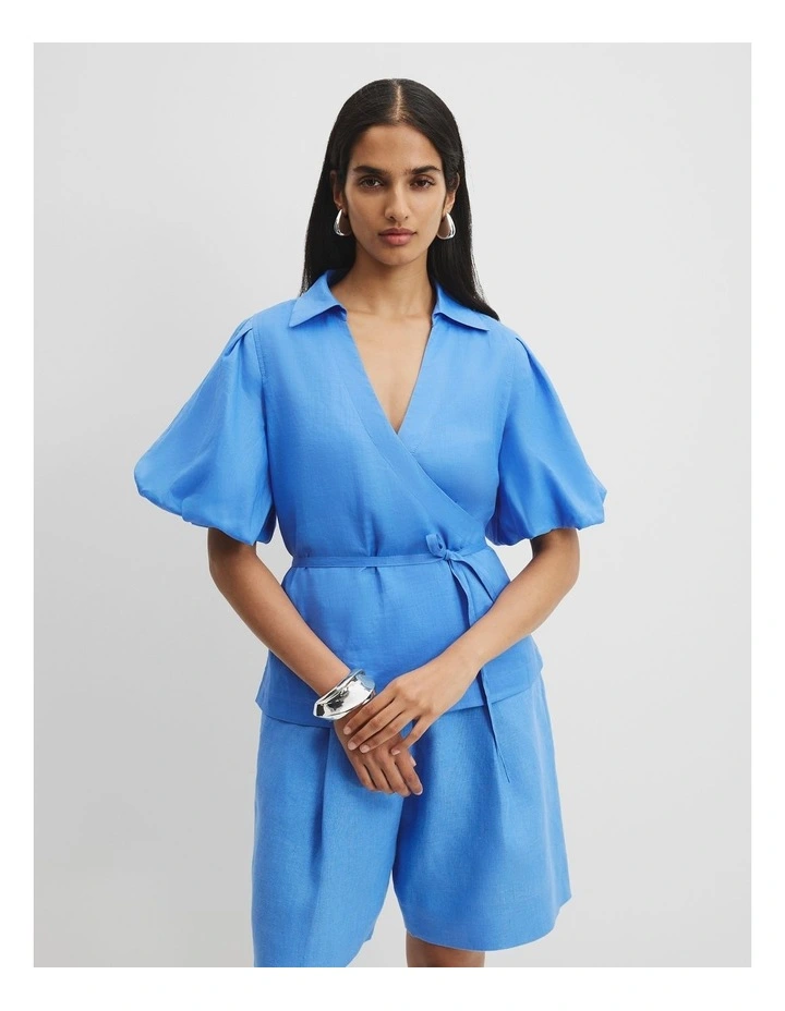 Country Road Wrap Ramie Blouse in Arctic Blue | MYER