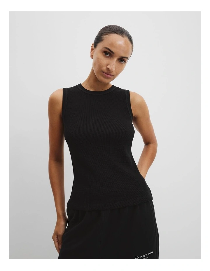 Country Road Australian Cotton Waffle Tank in Black | MYER
