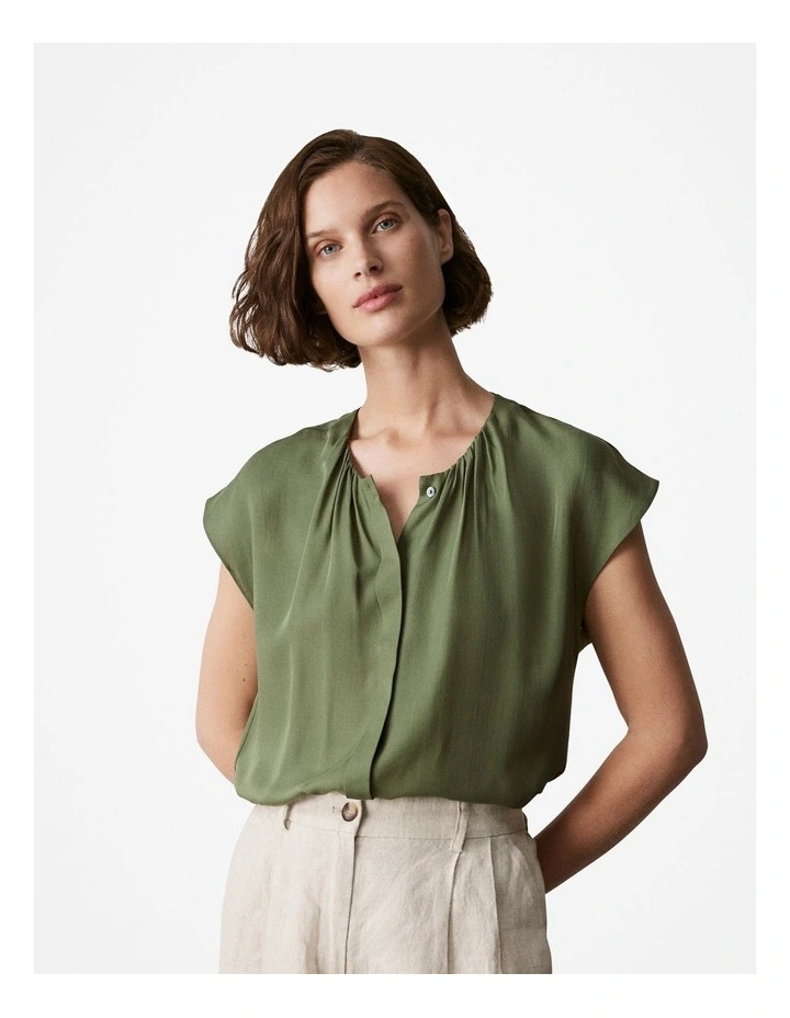 Trenery Modal Twill Gather Detail Blouse in Ivy | MYER
