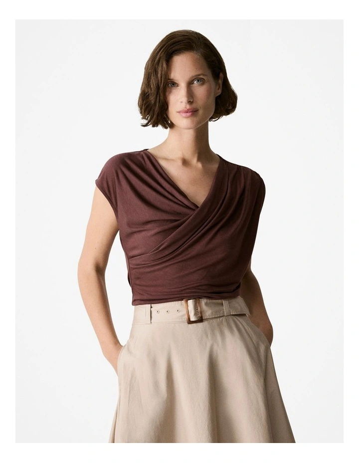Trenery Draped Cap Sleeve T-shirt in Chocolate | MYER