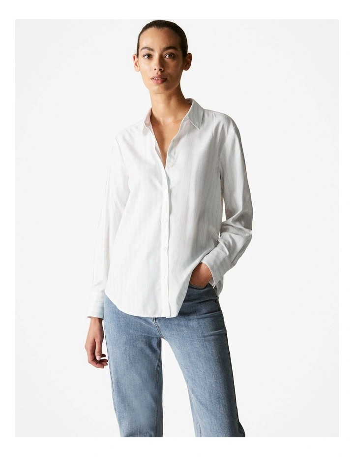 Trenery Cotton Modal Twill Stripe Shirt in Sky Blue | MYER