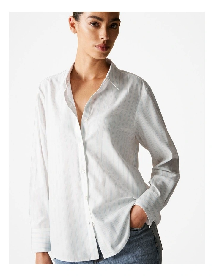 Trenery Cotton Modal Twill Stripe Shirt in Sky Blue | MYER