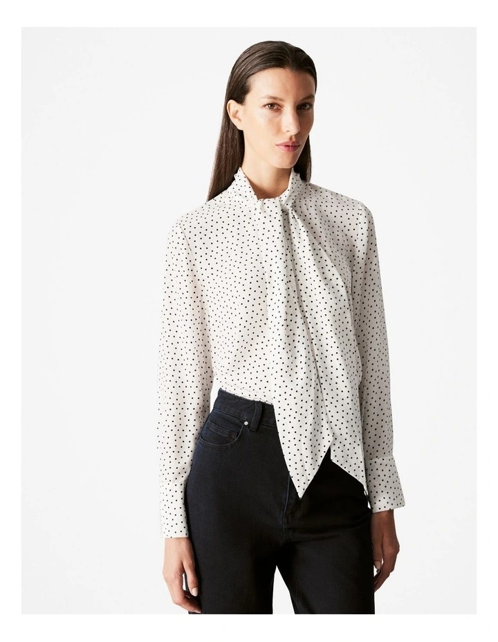 Trenery Silk Spot Tie Neck Blouse in Parchment | MYER