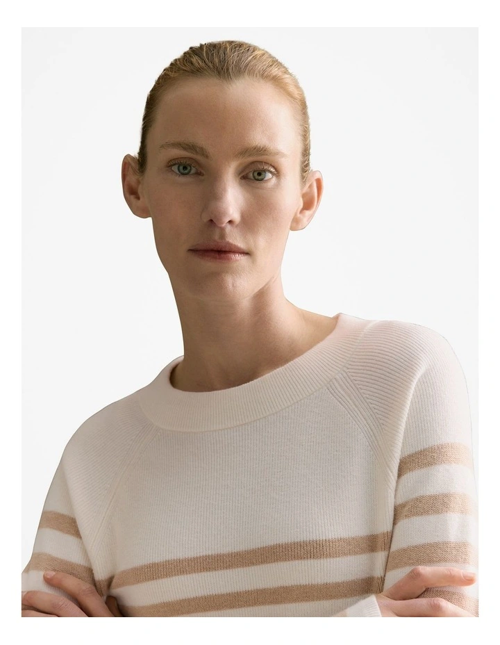 Trenery Cotton Cashmere Blend Striped Knit Crew in Sesame | MYER