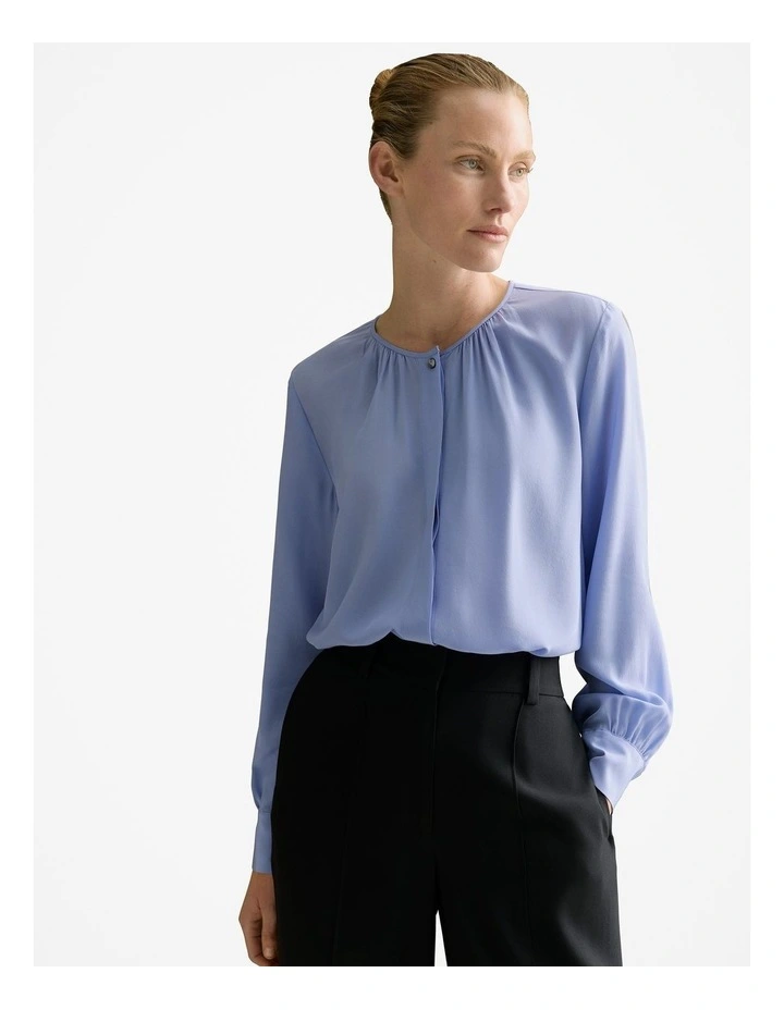 Trenery Silk Collarless Shirt in Cornflower Blue | MYER