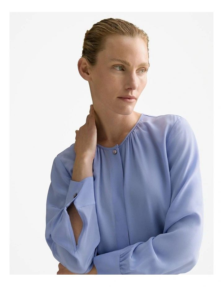 Trenery Silk Collarless Shirt in Cornflower Blue | MYER