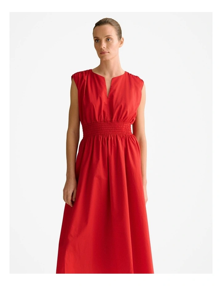 Trenery Cotton Sateen Shirred Waist Dress in True Red | MYER