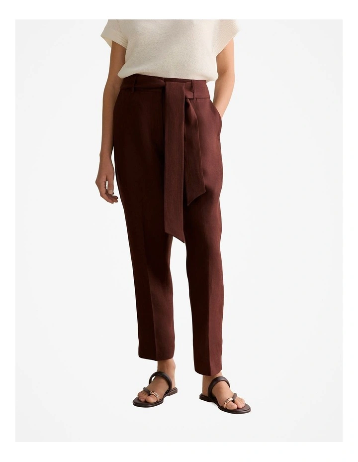 Trenery Linen Twill Belted Straight Leg Pant in Chocolate | MYER