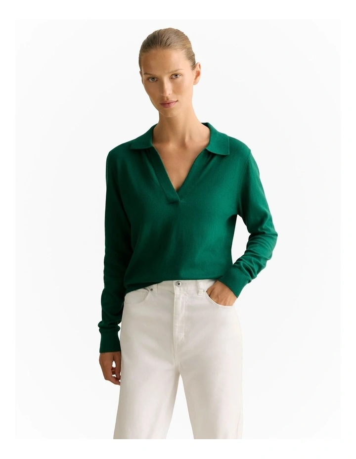 Trenery Cotton Cashmere Relaxed Knit Polo in Emerald | MYER