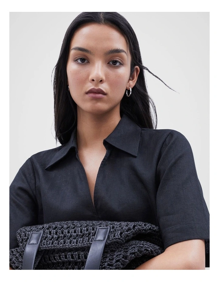 Unison Collared Linen Dress in Black | MYER