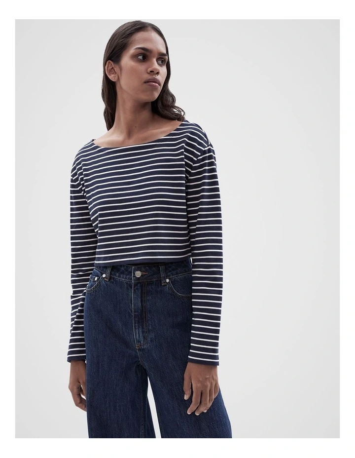 Unison Cropped Stripe Top in Navy Ecru Stripe | MYER