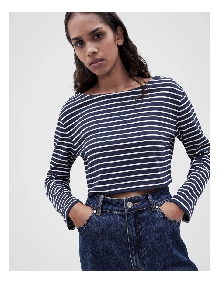 Unison Cropped Stripe Top in Navy Ecru Stripe | MYER
