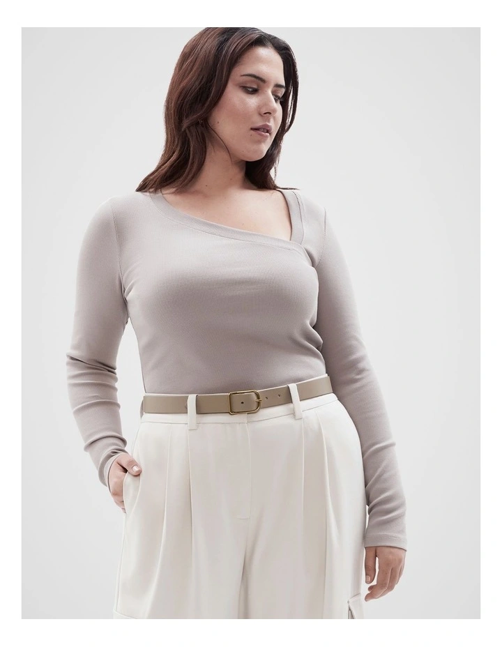 Unison Asymmetric Ribbed Top in Taupe | MYER