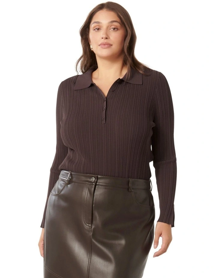 Forever New Curve Vida Half Placket Polo Knit Top in Chocolate | MYER
