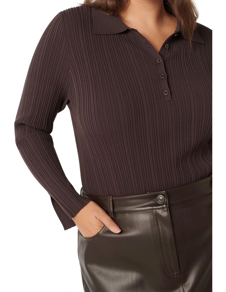 Forever New Curve Vida Half Placket Polo Knit Top in Chocolate | MYER