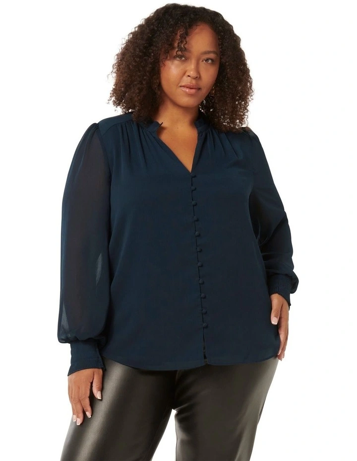Forever New Curve Flora Fluted Pleat Blouse in Blue | MYER