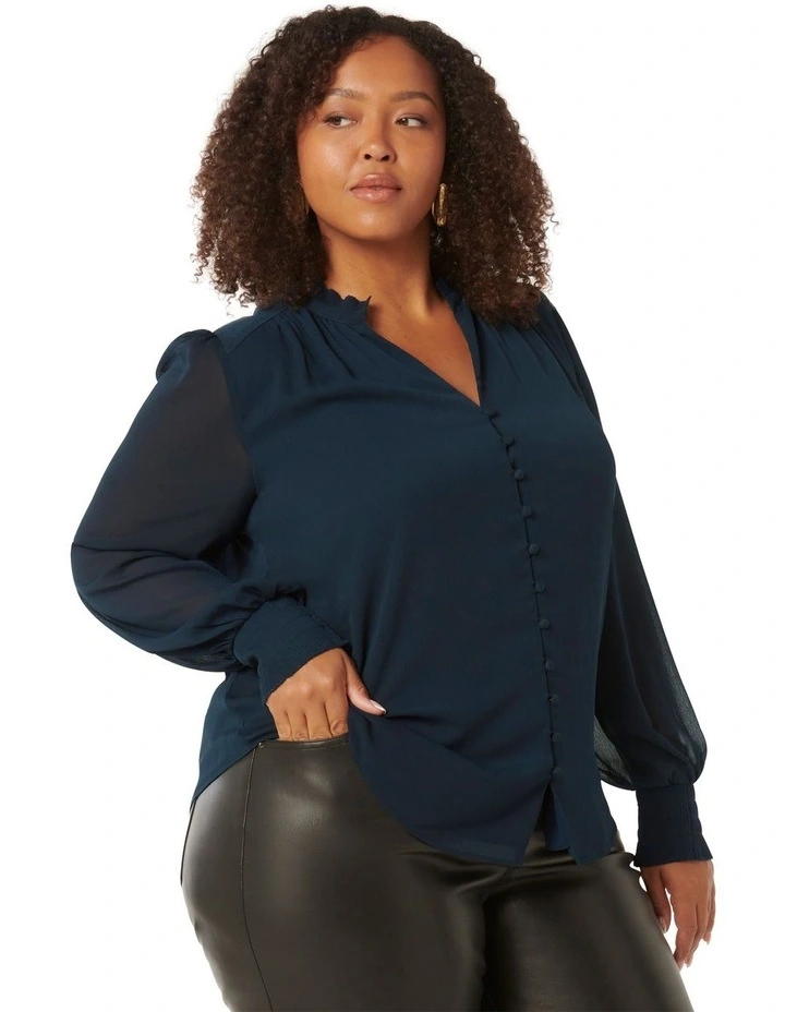 Forever New Curve Flora Fluted Pleat Blouse in Blue | MYER