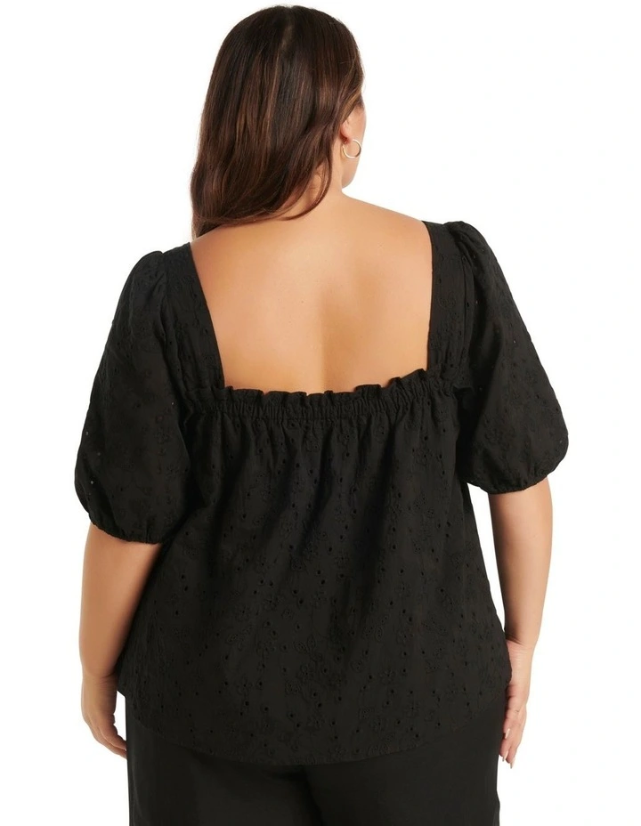 Forever New Curve Eva Broderie Smock Top in Black | MYER