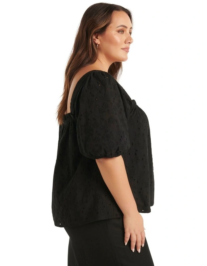Forever New Curve Eva Broderie Smock Top in Black | MYER