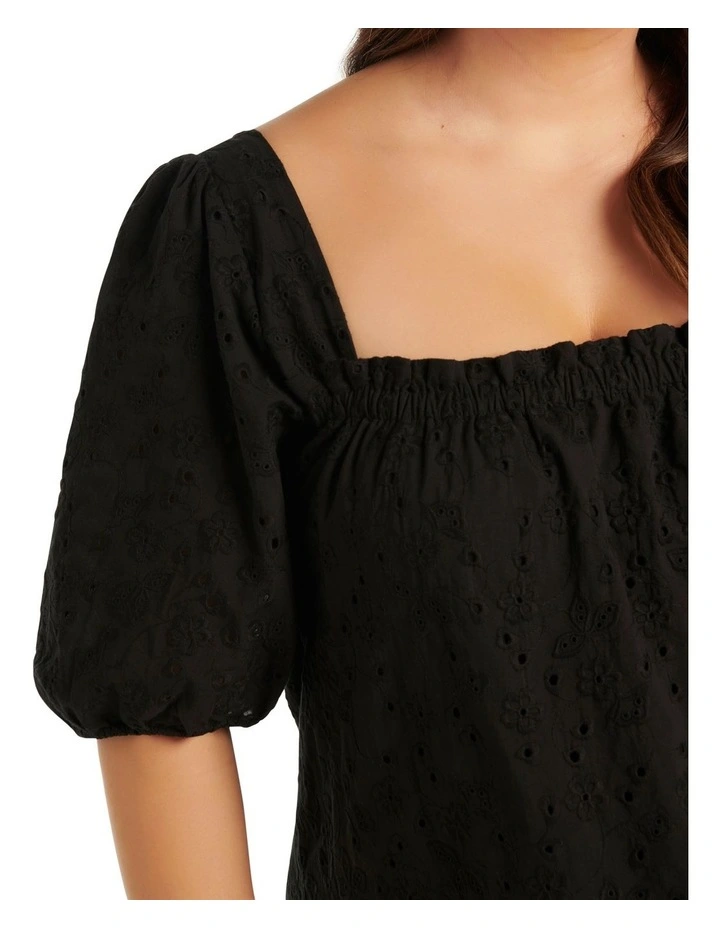 Forever New Curve Eva Broderie Smock Top in Black | MYER