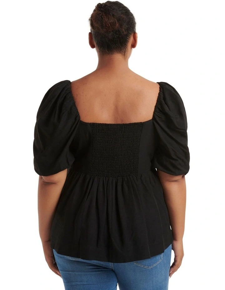 Forever New Curve Jenny Linen Smock Top in Black | MYER