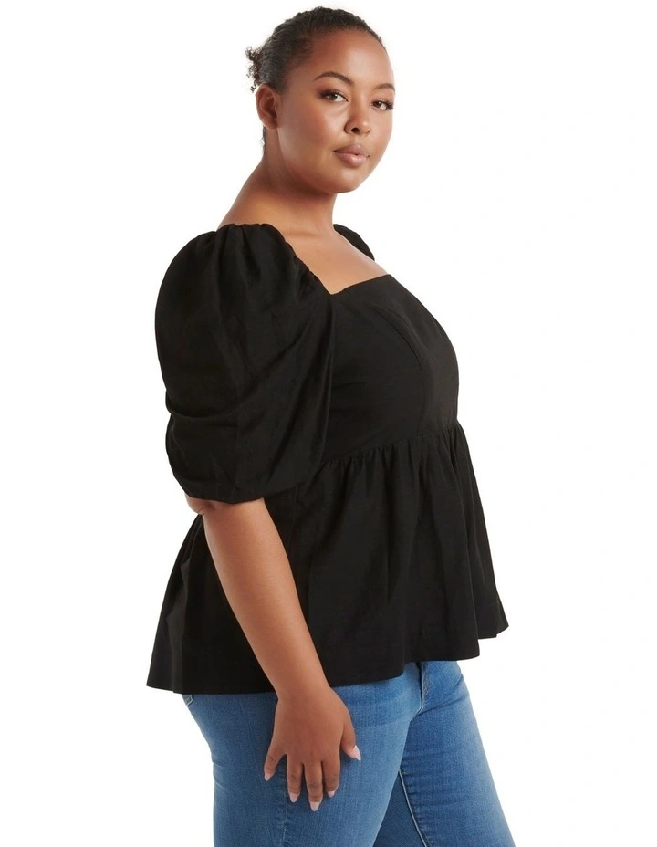 Forever New Curve Jenny Linen Smock Top in Black | MYER