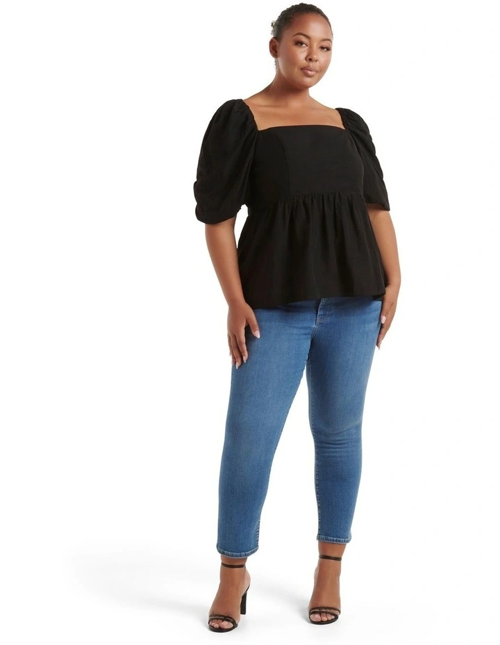 Forever New Curve Jenny Linen Smock Top in Black | MYER