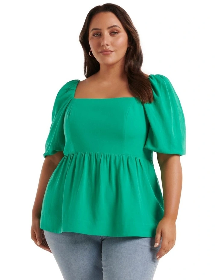 Forever New Curve Jenny Linen Smock Top in Green | MYER