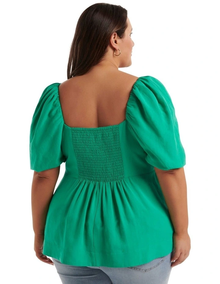 Forever New Curve Jenny Linen Smock Top in Green | MYER