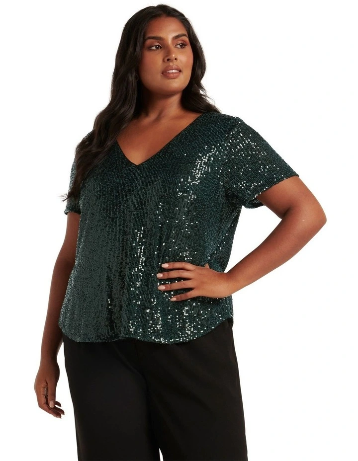 Forever New Curve Lizzy V-Neck Sequin Tee in Green | MYER
