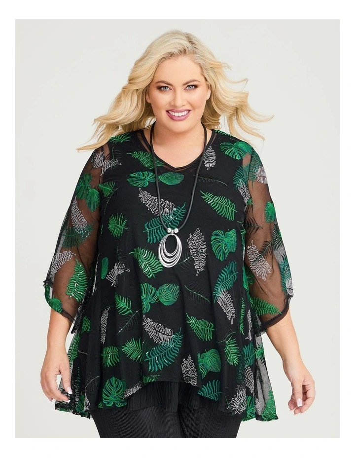 Taking Shape Leaf Embroidered Mesh Tunic in Black/green | MYER