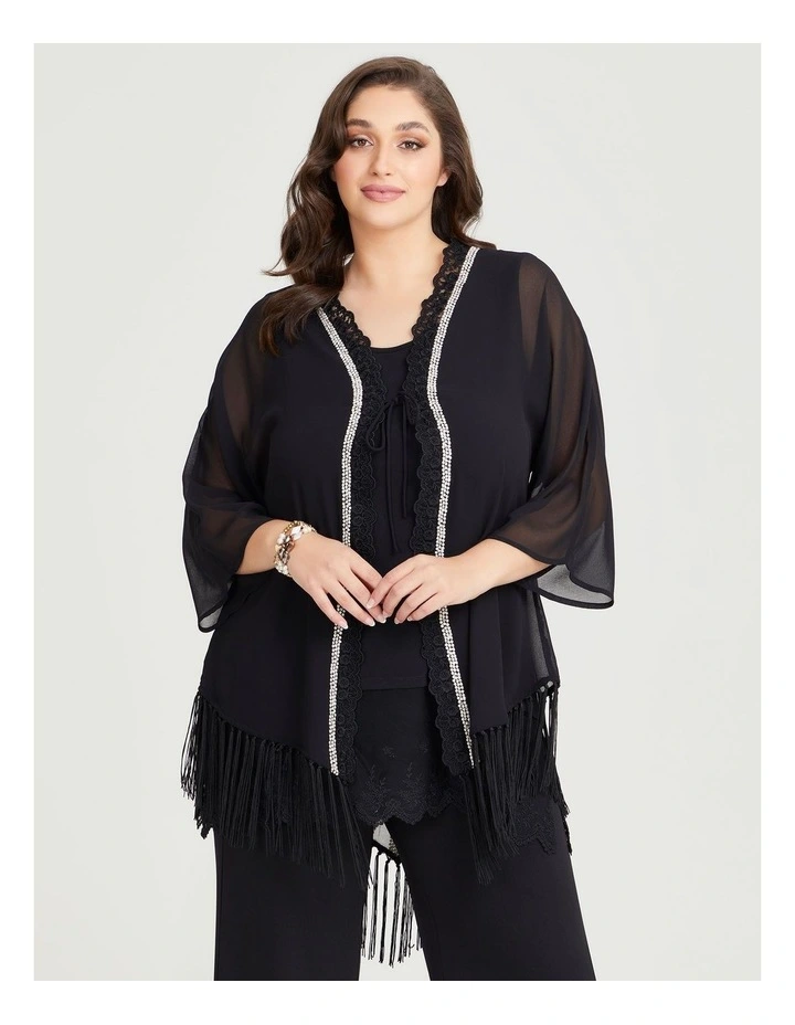 Taking Shape Sequin Embroidery Fringe Kimono in Black | MYER