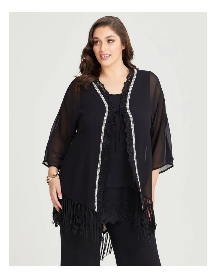 Taking Shape Sequin Embroidery Fringe Kimono in Black | MYER