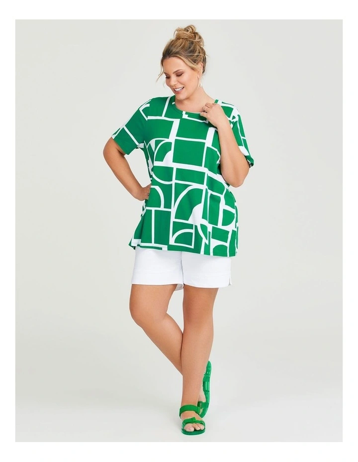Taking Shape Cotton Abstract Geometric Print Top in Green/White | MYER