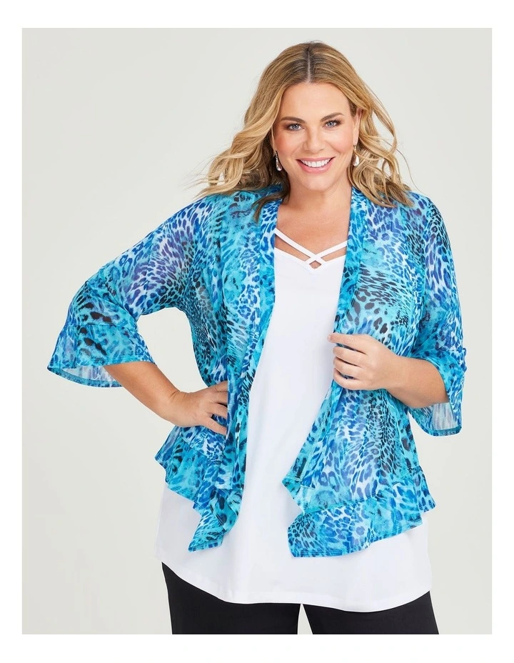 Taking Shape Mesh Ruffle Trim Cardigan in Aqua Animal Print | MYER