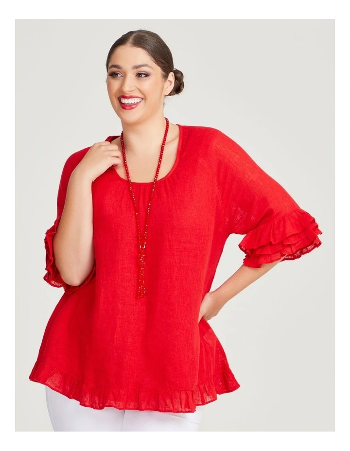 Taking Shape Linen Blend Ruffle Top in Racing Red | MYER